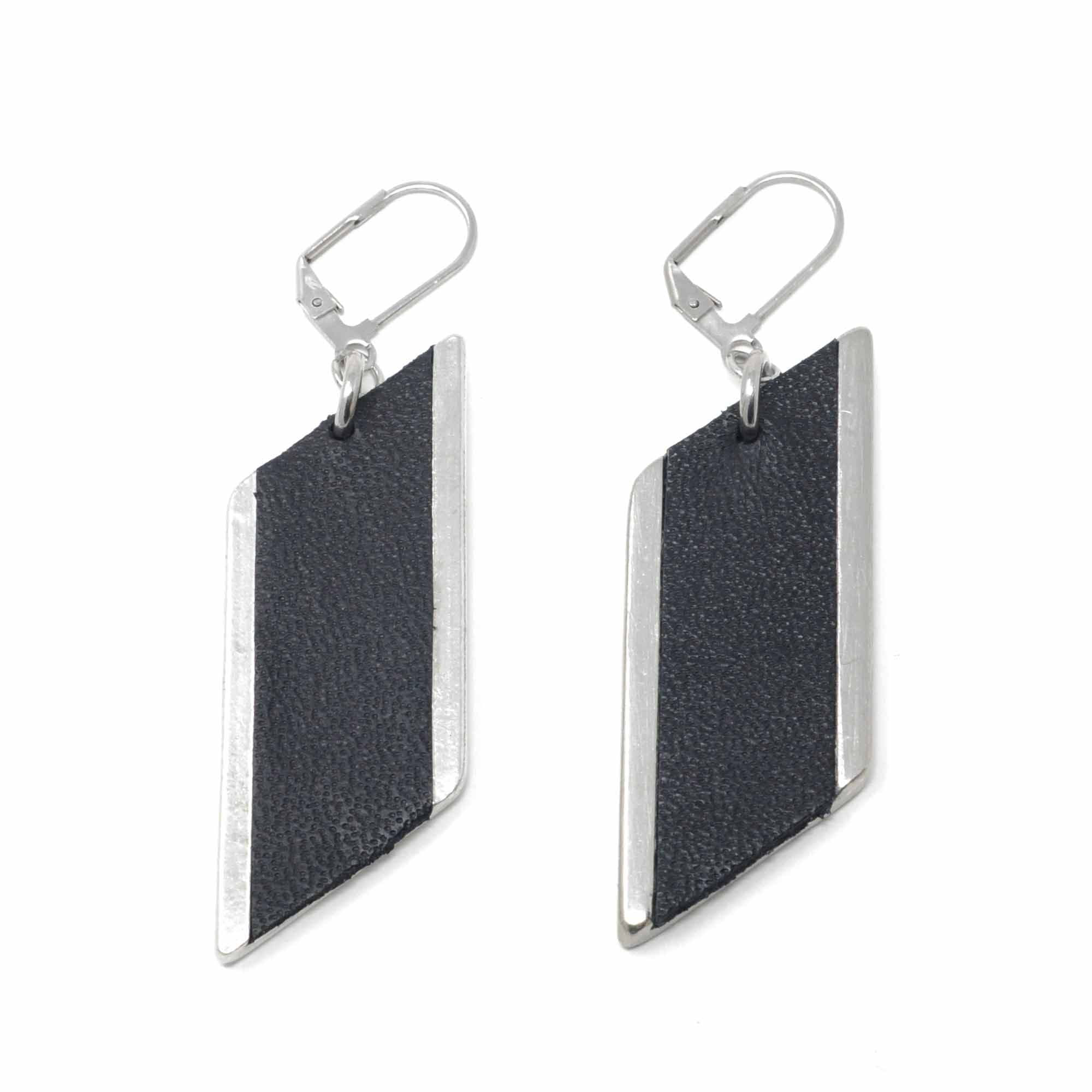 Large Diamond Feature Drop Earrings with Black Leather Inlay – Royal ...